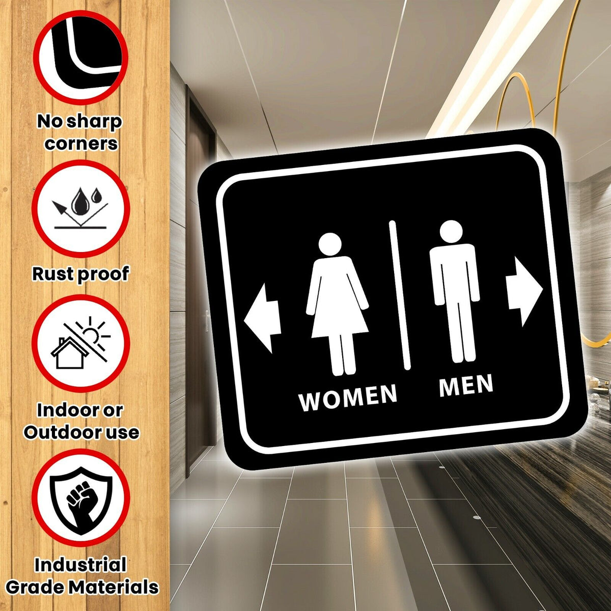 BATHROOM RESTROOM MEN RIGHT ARROW WOMEN LEFT ARROW BLACK Aluminum comp ...